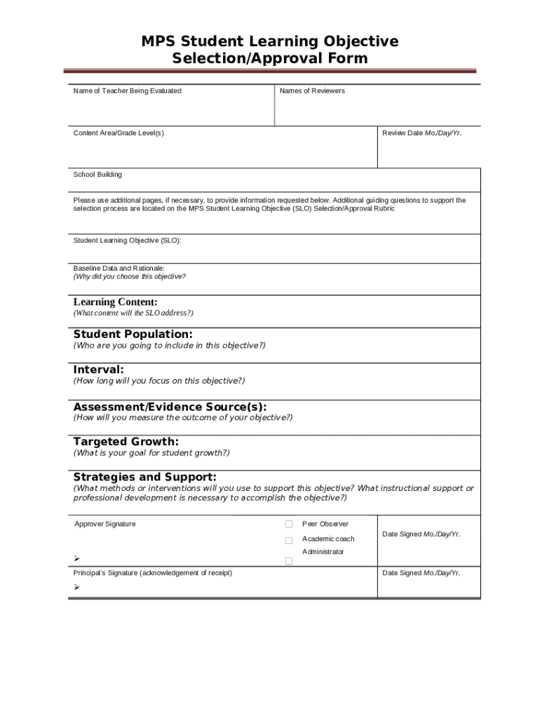 MPS Student Learning Objective Selection/Approval Doc Template | pdfFiller