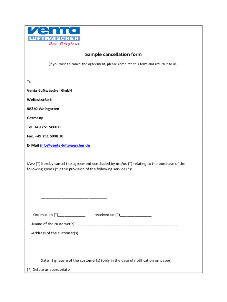 Fillable Online Sample cancellation form (If you would like to ... Fax ...