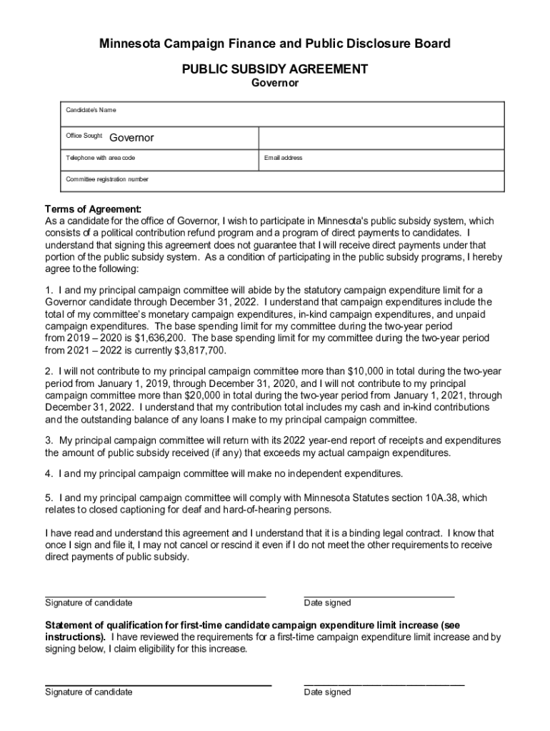 Fillable Online Public Subsidy Agreement Senate - Campaign Finance ...