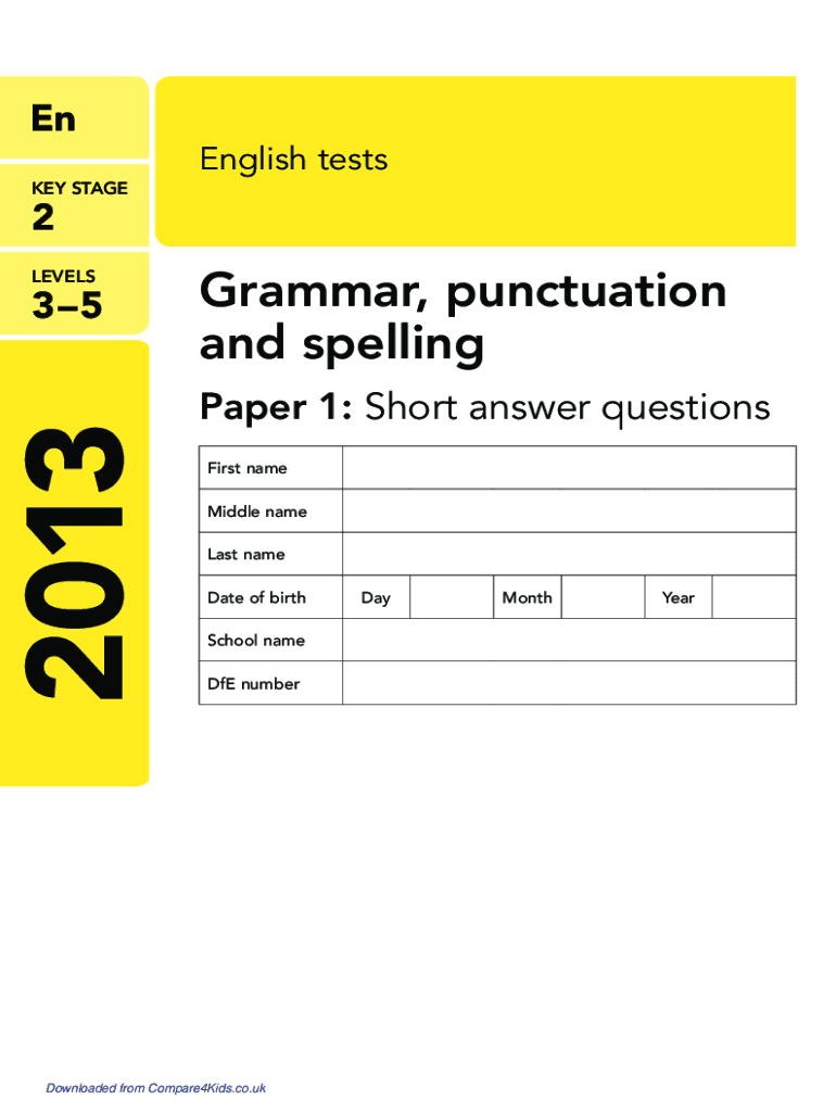 Fillable Online Year 6 SATs Paper Levels 3-5 SPAG short answer ...
