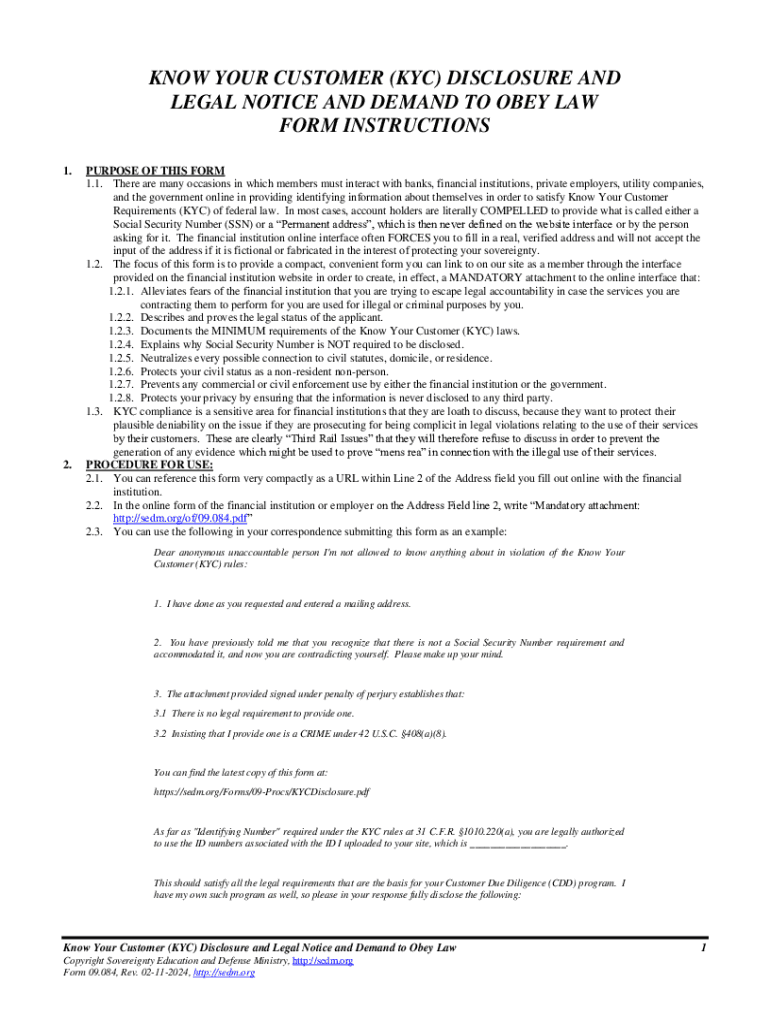Fillable Online Know Your Customer (KYC) Disclosure and Legal Notice to Obey Law, Form #09.084 ...