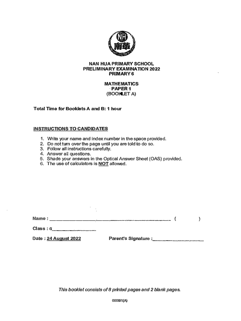 Fillable Online Primary 6 Preliminary Examination - Mathematics Paper 1 ...