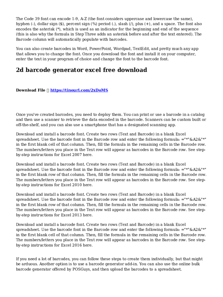 Fillable Online 2d Barcode Generator Excel Free Download Fax Email Print - pdfFiller