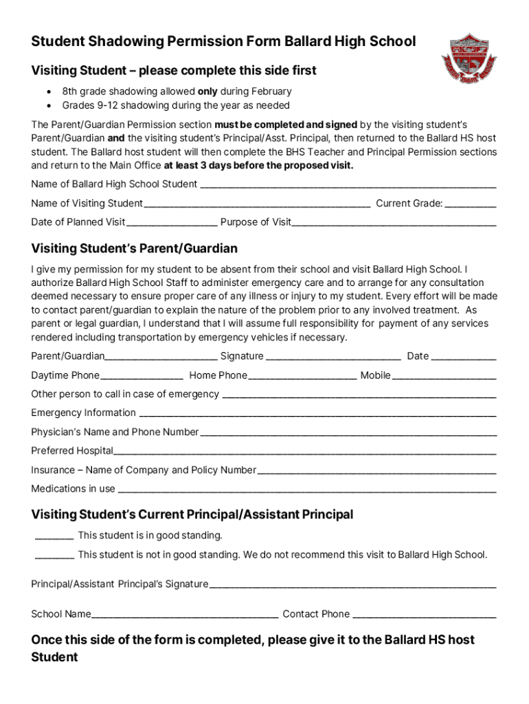 Fillable Online Student Shadowing Permission Form Ballard High School ...