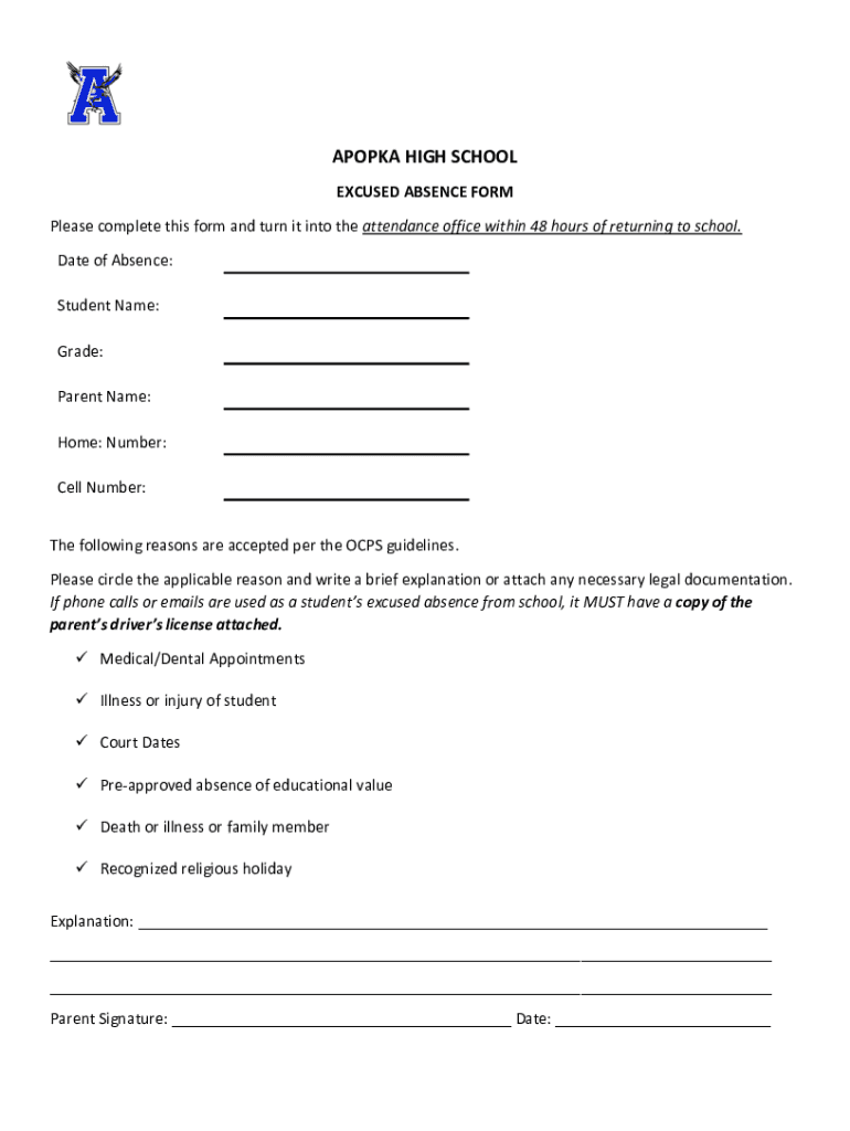 Ocps excused absence form: Fill out & sign online | DocHub