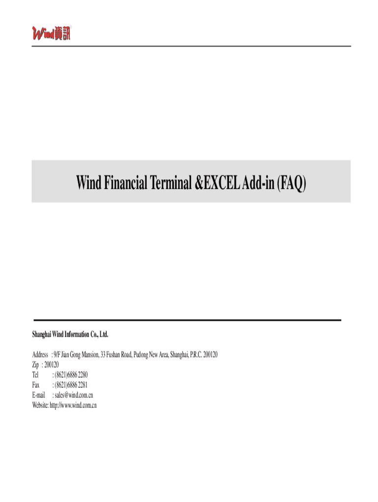 Fillable Online Wind Financial Terminal &EXCEL Add-in (FAQ) Fax Email ...
