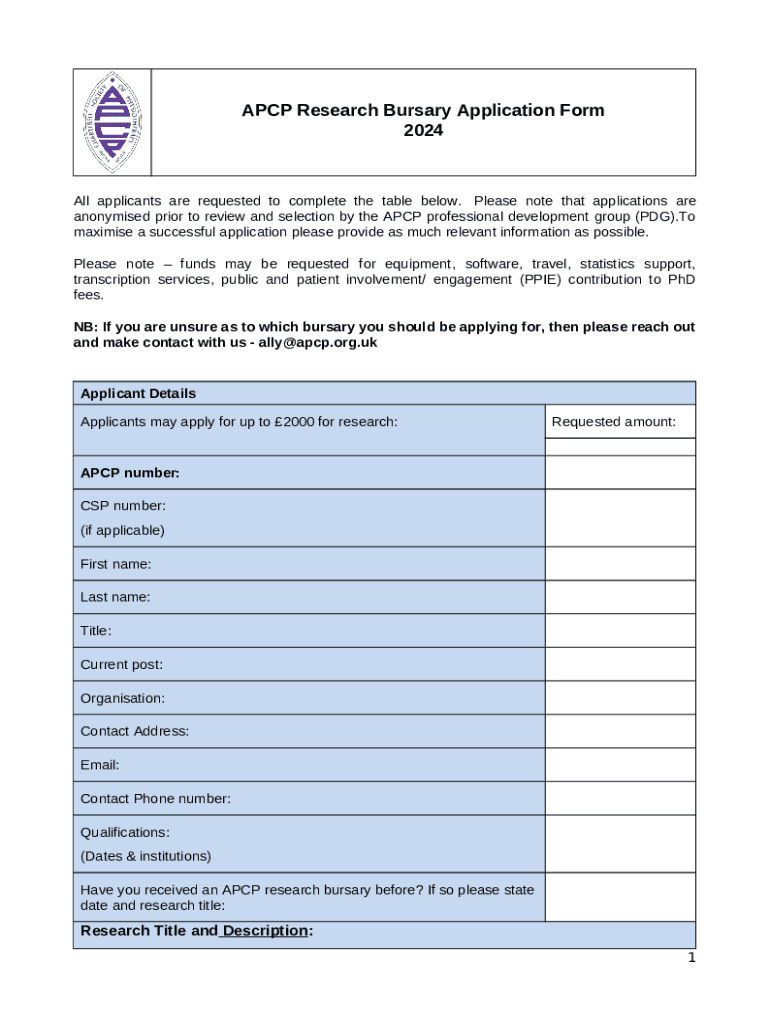APCP Research Bursary Application 2024 Doc Template | pdfFiller