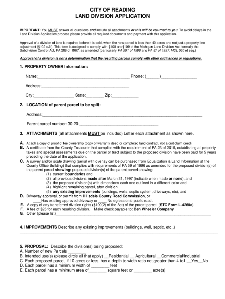 Fillable Online City of Reading Land Division Application Fax Email ...