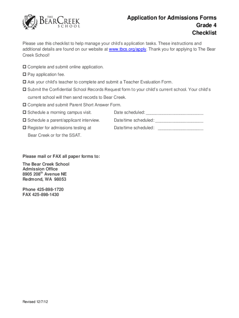 Fillable Online Application for Admissions Forms Grade 4 Checklist Fax Email Print - pdfFiller