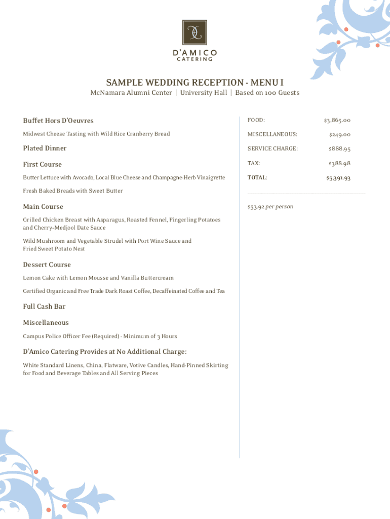 Fillable Online SAMPLE WEDDING RECEPTION - MENU I Fax Email Print ...