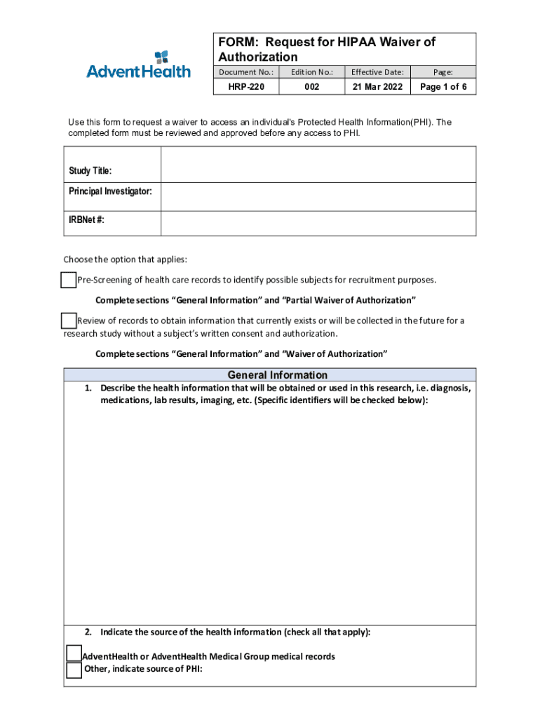Fillable Online HIPAA Request for Alteration or Waiver of Authorization ...