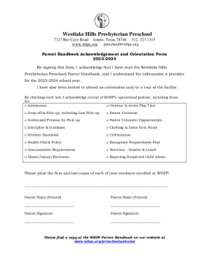 Fillable Online Parent Handbook Acknowledgement and Orientation Form ...