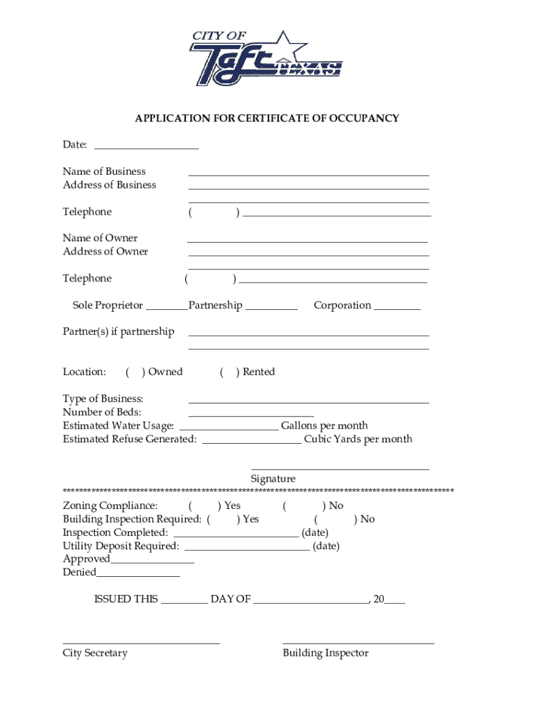 Fillable Online Application for a Certificate of Occupancy Business and ...
