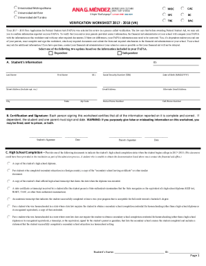 Fillable Online VERIFICATION WORKSHEET 2017 - 2018 (V4) Fax Email Print ...