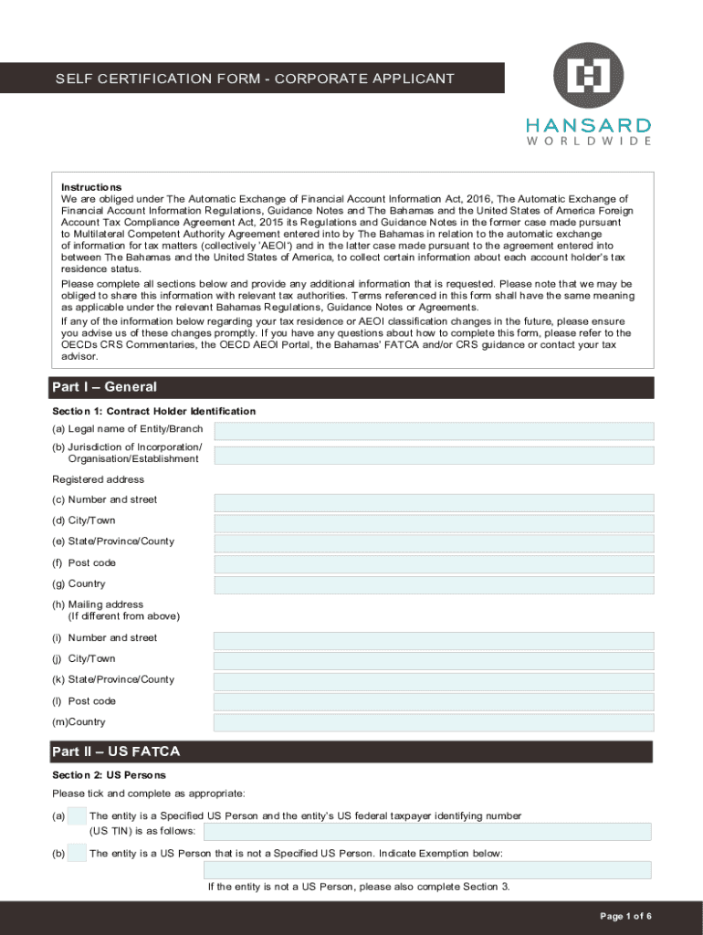 Fillable Online Self Certification Form - Corporate Applicant. Self Certification Form ...