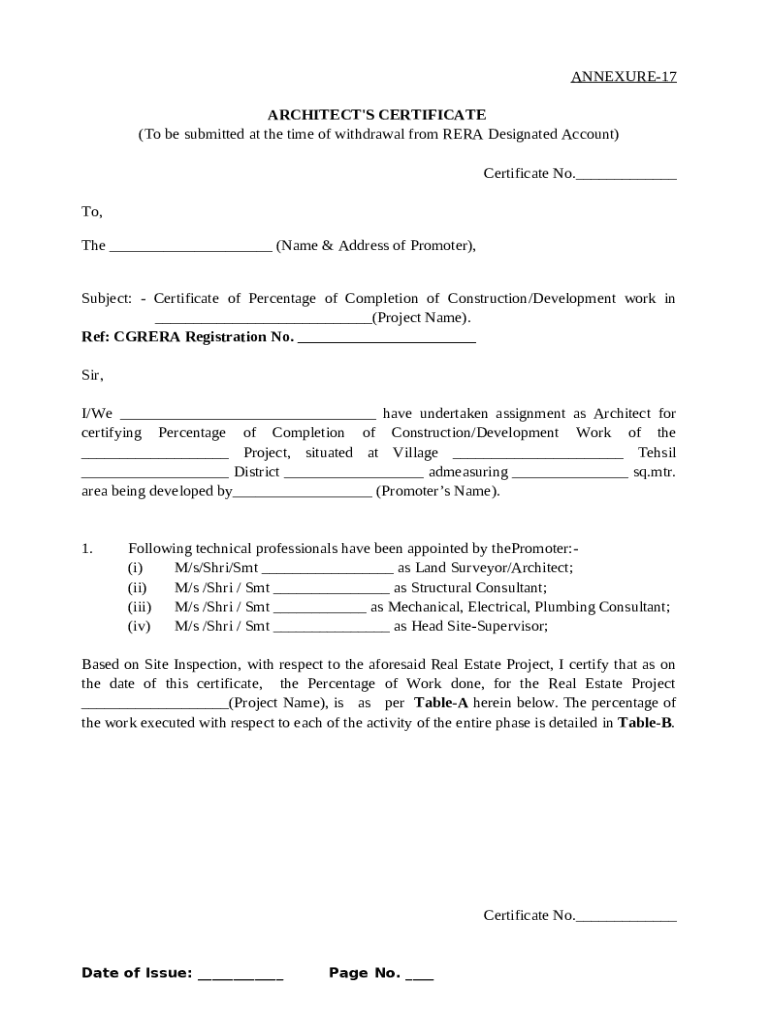 MAHA RERA 1 Architect CertificatePDF Doc Template | pdfFiller