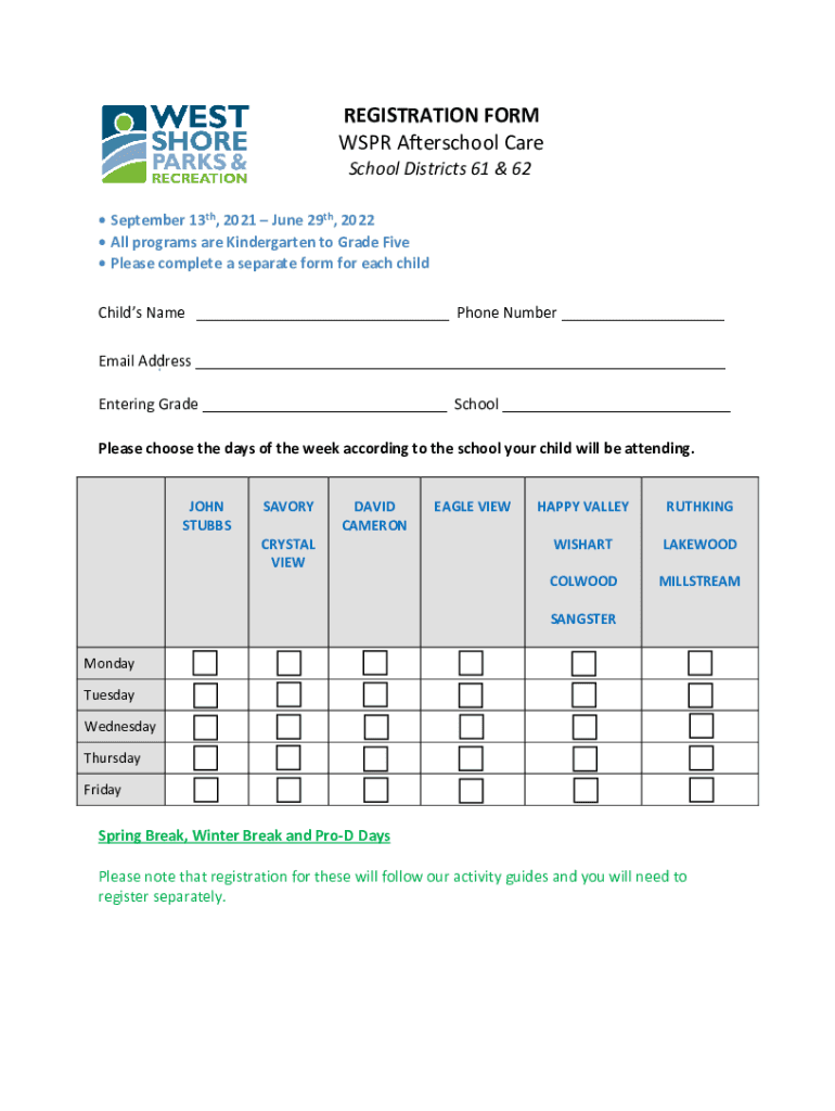 Fillable Online REGISTRATION FORM WSPR Afterschool Care Fax Email Print - pdfFiller