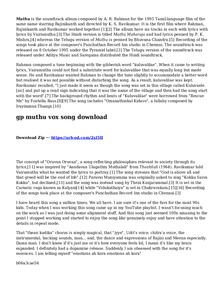 Fillable Online Muthu (Original Motion Picture Soundtrack) - Album by A.R. ... Fax Email Print ...