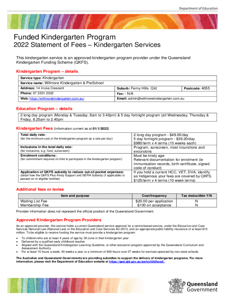 Fillable Online 2022 Statement of Fees Kindergarten Services Fax Email ...