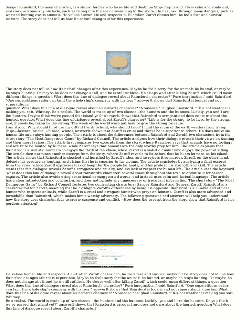 Fillable Online Rainsford's Survival In The Most Dangerous Game, By ...