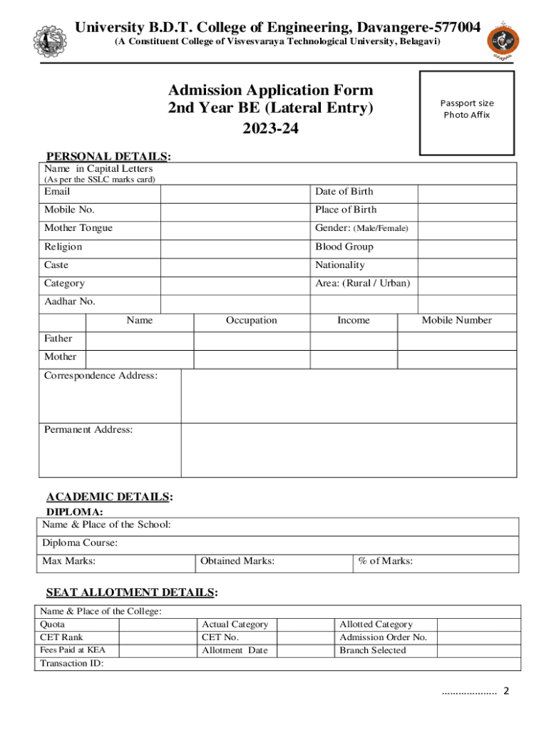 Fillable Online Admission Application Form 2nd Year BE (Lateral Entry) ... Fax Email Print ...