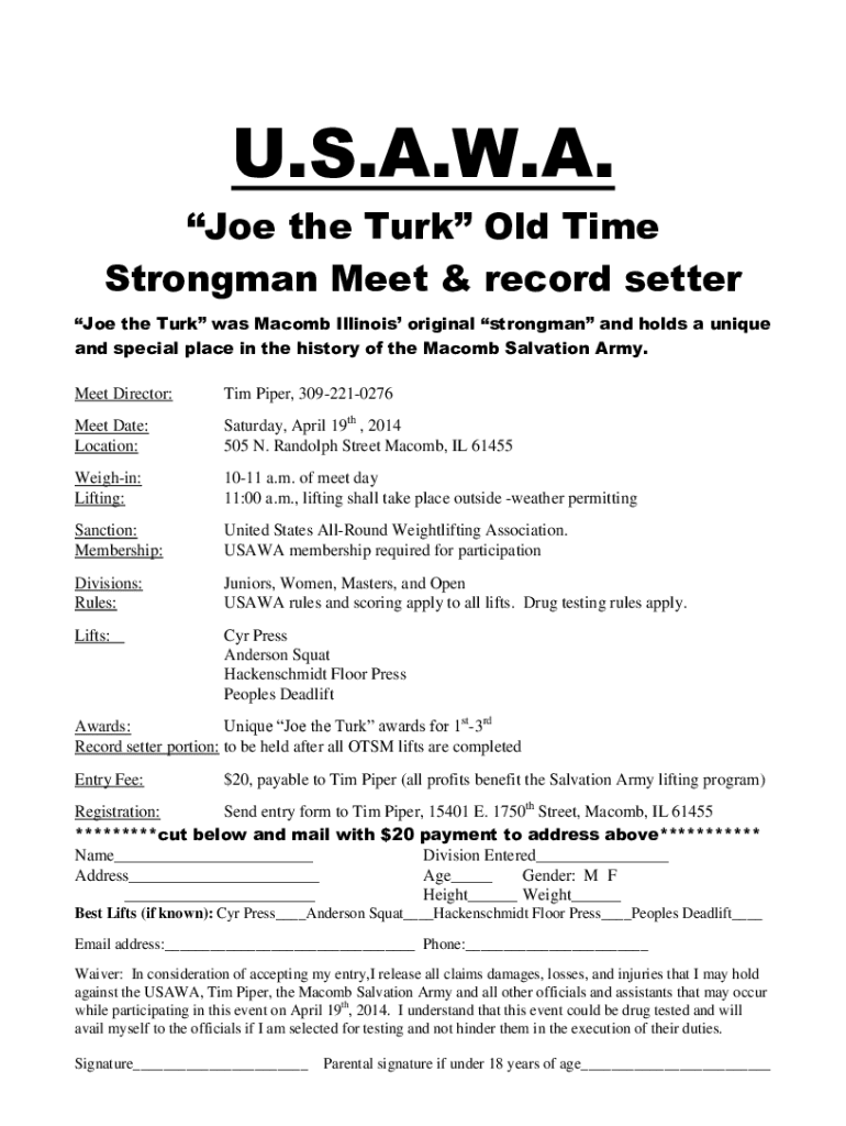 Fillable Online Joe the Turk Old Time Strongman Meet & record setter ...