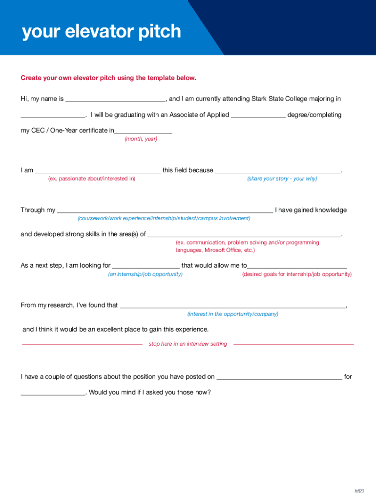 Fillable Online 30 Seconds to Impress: How to Write an Elevator Pitch ...