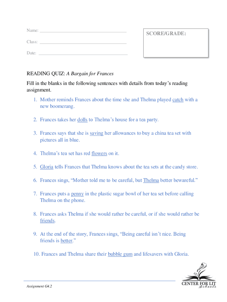 Fillable Online READING QUIZ: A Bargain for Frances Fill in the blanks ...