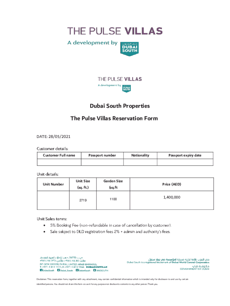 Fillable Online Dubai South Properties The Pulse Villas Reservation ...
