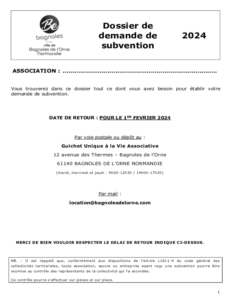 Remplissable En Ligne Dossier de demande de subvention pour l'anne 2024 Fax Email Imprimer ...