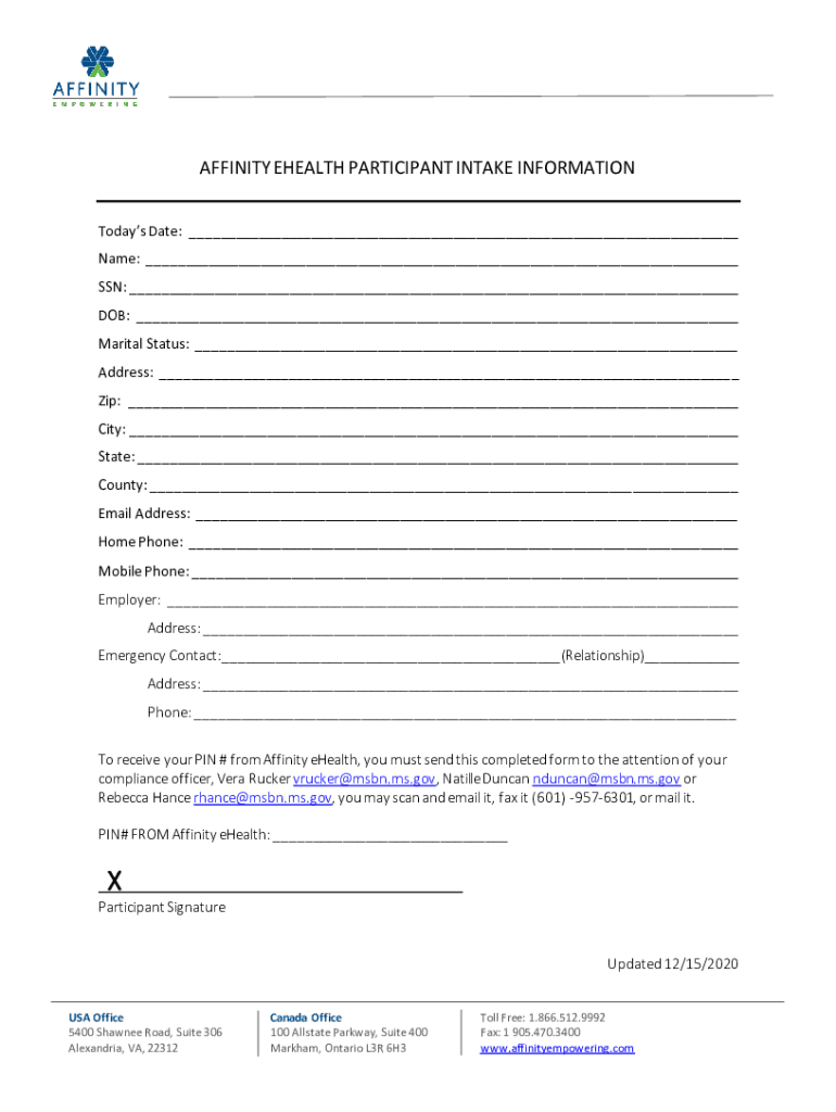 Fillable Online AFFINITY PARTICIPANT INTAKE INFORMATION Fax Email Print ...