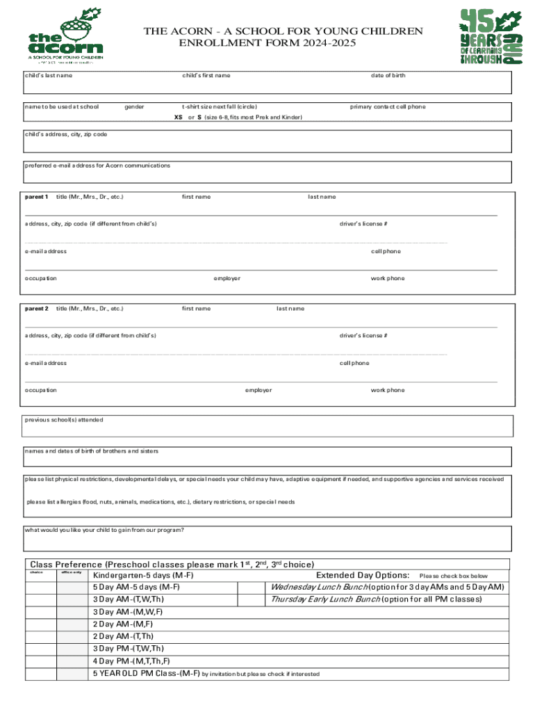 Fillable Online a school for young children enrollment form 2024-2025 ...