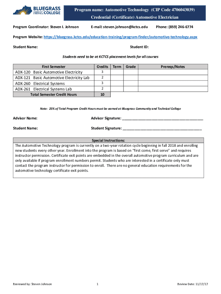 Fillable Online Automotive Technology Certificate (AUTC) - 39 Semester ...