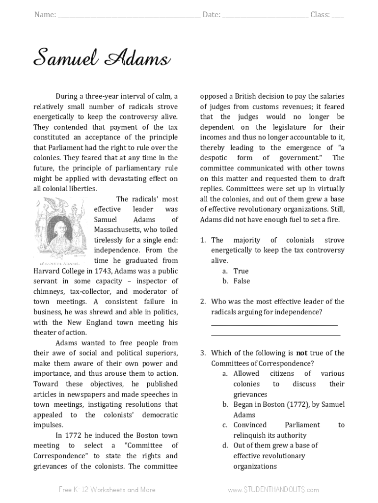 Fillable Online Samuel Adams Reading with Questions Fax Email Print ...