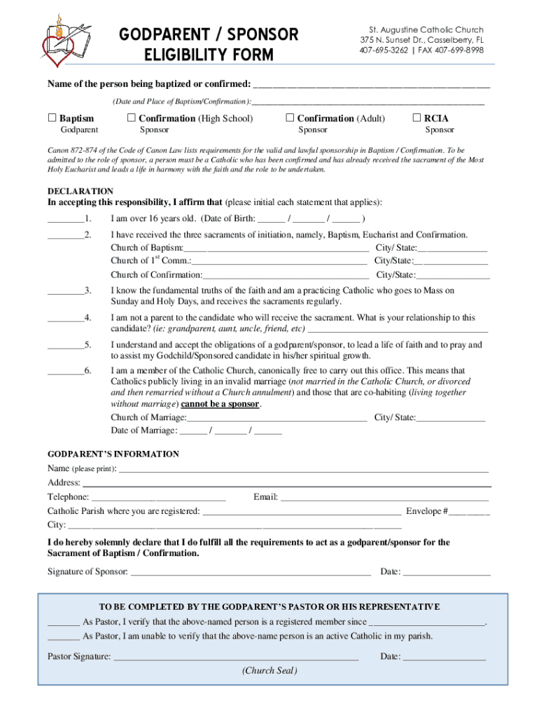 Completable En línea Sponsor/Godparent Eligibility Form - Diocese of St ...