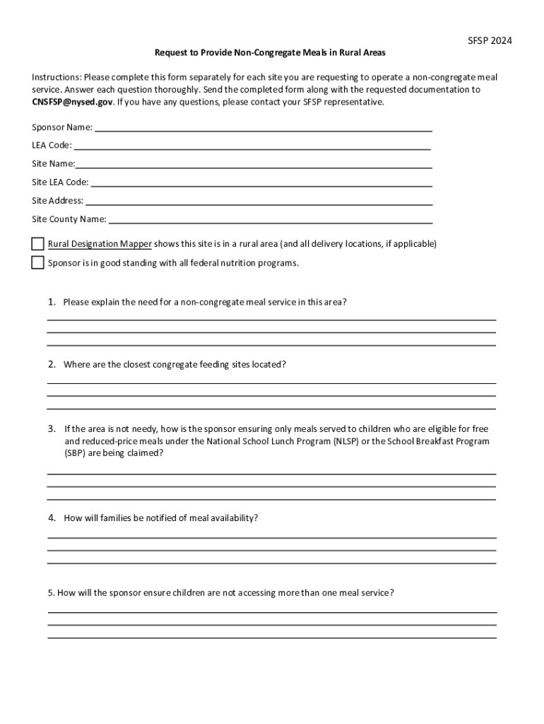 Fillable Online Request to Provide Non-Congregate Meals in Rural Areas ...