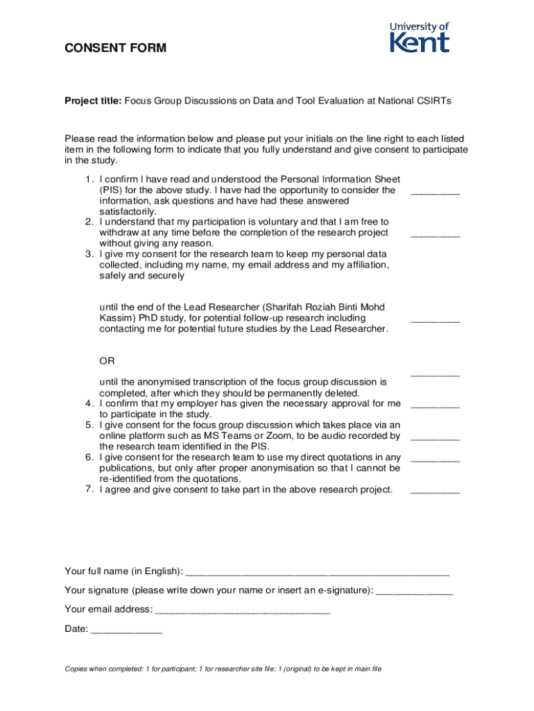 Fillable Online Sample Focus Group Information Sheet and Consent Form ...