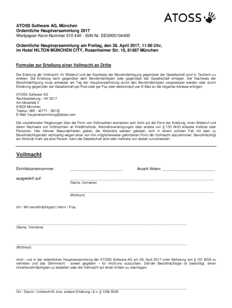 Ausfüllbar Online Formular zur Erteilung einer Vollmacht an Dritte Fax ...