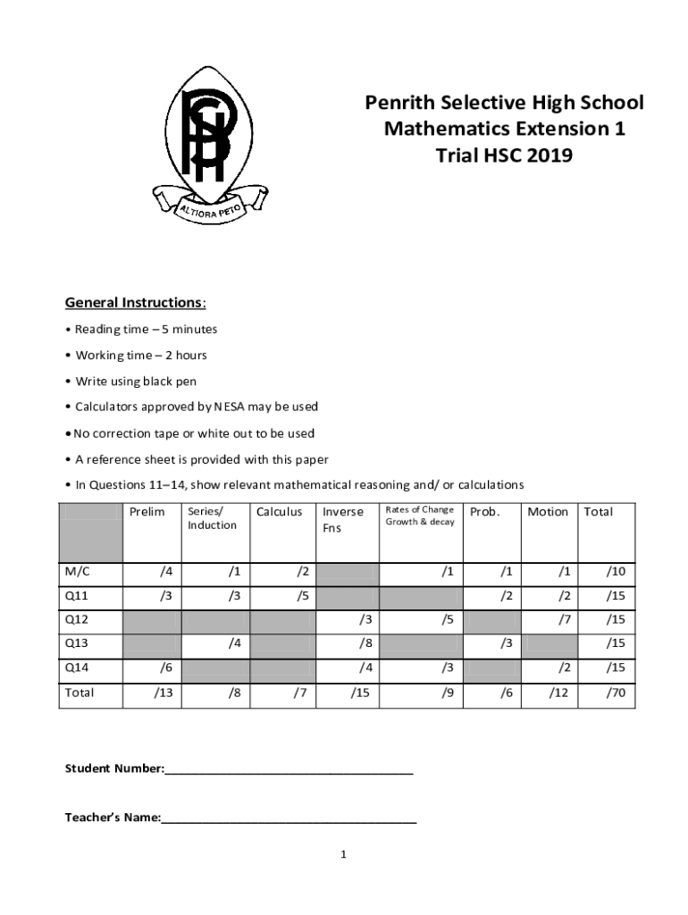 Fillable Online Penrith Selective High School Mathematics Extension 1 ...