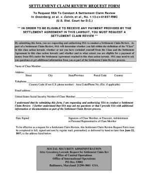 Fillable Online ssa SETTLEMENT CLAIM REVIEW REQUEST FORM - ssa Fax ...