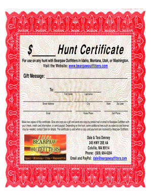 Fillable Online $ Hunt Certificate - Bearpaw Outfitters Fax Email Print ...