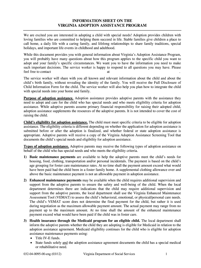 Fillable Online dss virginia Information Sheet for Virginia Adoption ...