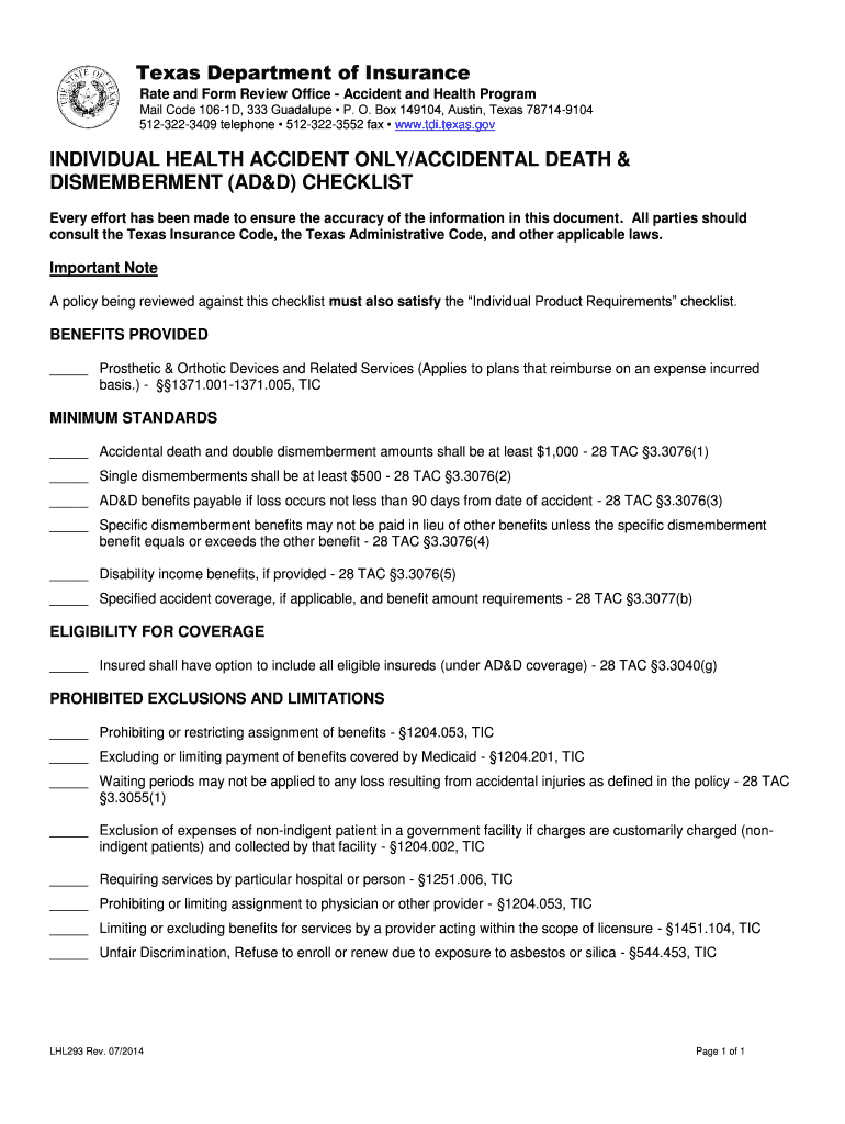 Fillable Online tdi texas Texas Department of Insurance INDIVIDUAL HEALTH ACCIDENT ... Fax Email ...
