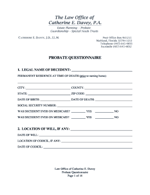 Fillable Online PROBATE QUESTIONNAIRE - Law Office of Catherine E ...