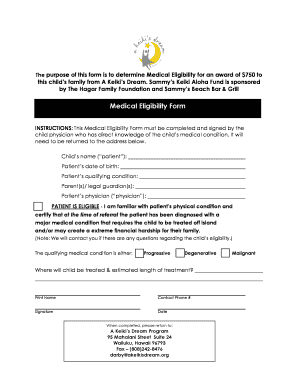 Fillable Online akeikisdream Medical Eligibility Form - A Keiki 's ...
