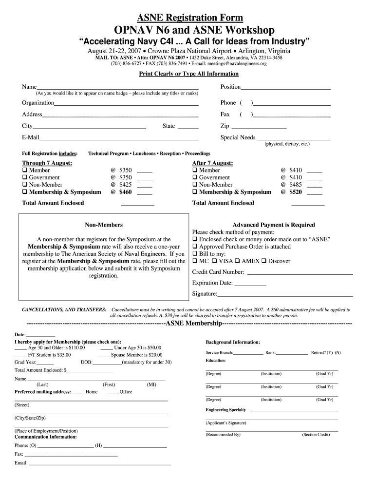 Fillable Online ASNE Registration Form OPNAV N6 and ASNE Workshop ...