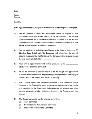 Fillable Online Appointment Letter- Independent Directors Fax Email ...