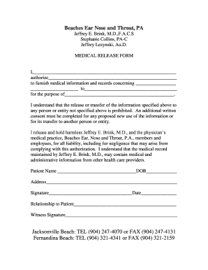 Fillable Online Medical Release Form - Beaches ENT Fax Email Print ...