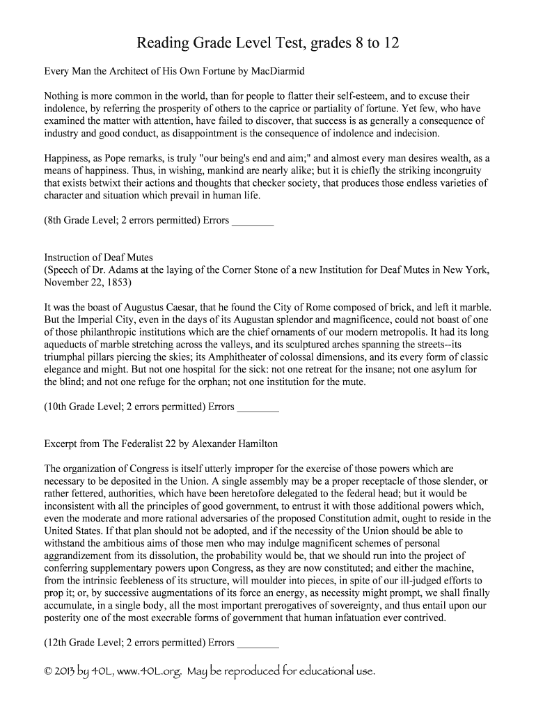 Fillable Online thephonicspage Reading Grade Level Test grades 8 to 12 ...