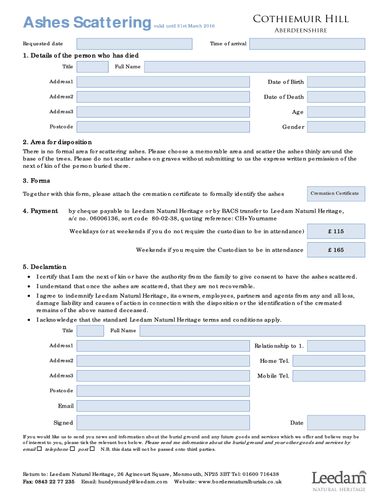 Fillable Online aberdeennaturalburials co Ashes scattering form ...